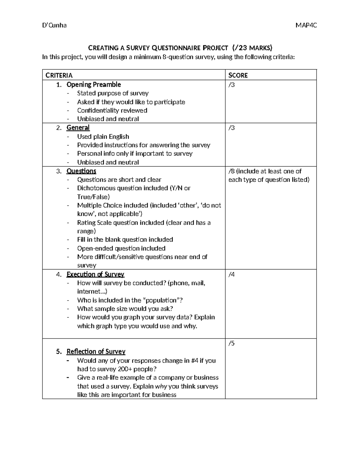 Creating a Survey Questionnaire Project - D’Cunha MAP4C CREATING A ...