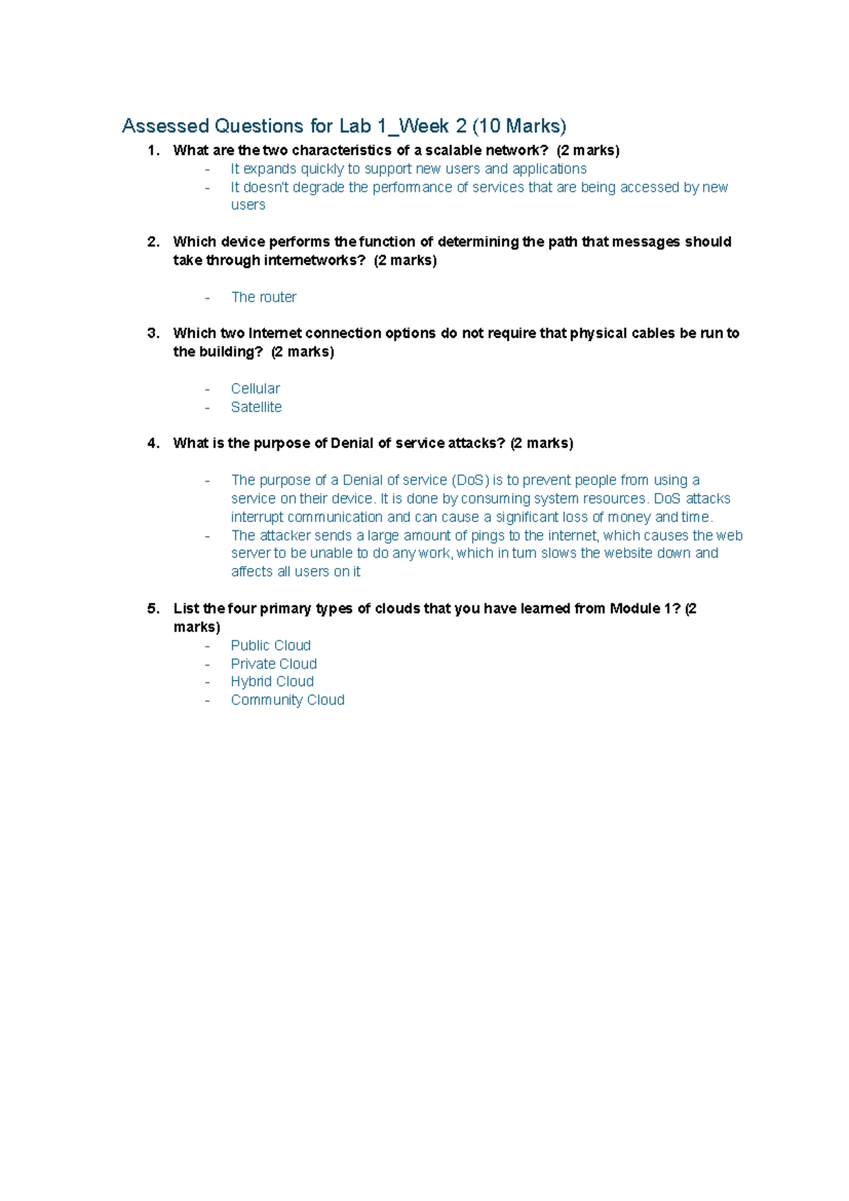 Lab 1 Assessed Questions - Week 2 (10 Marks) - Studocu