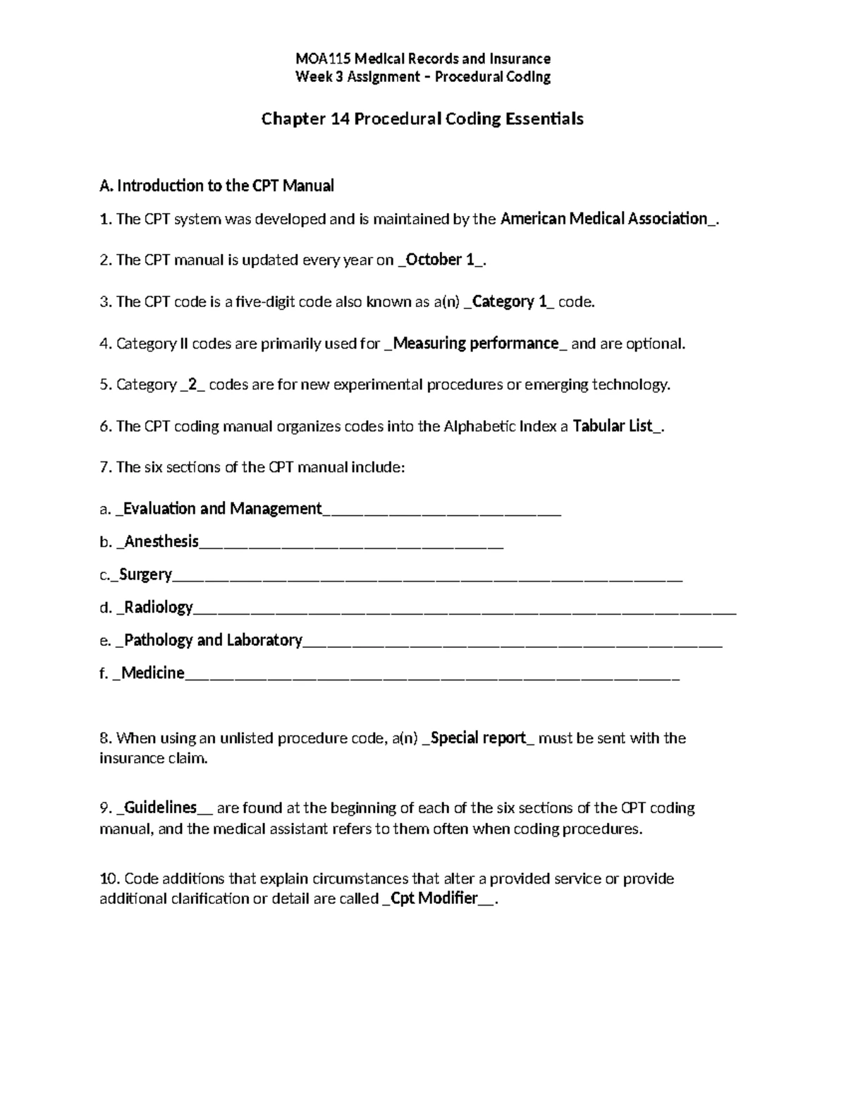 MOA115 Week 3 Assignment: Essentials of Procedural Coding - Studocu