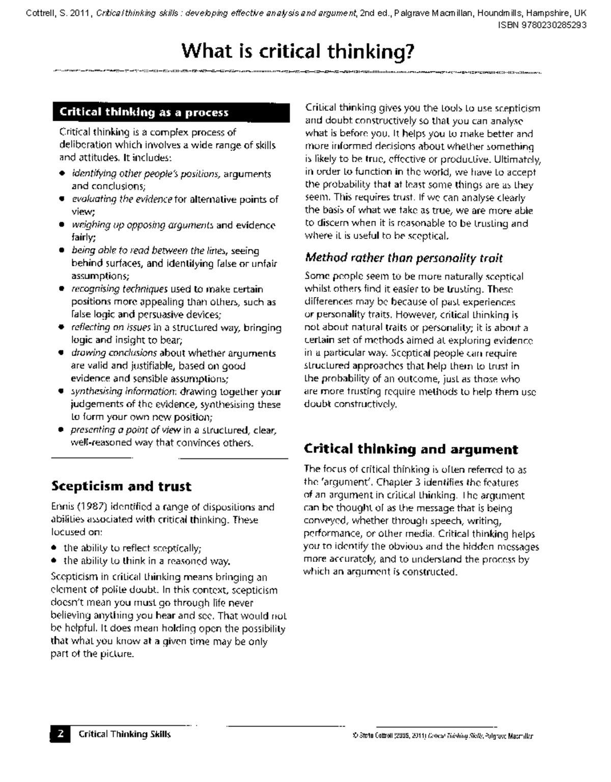 Cottrell Article: Insights into Critical Thinking Skills - Studocu
