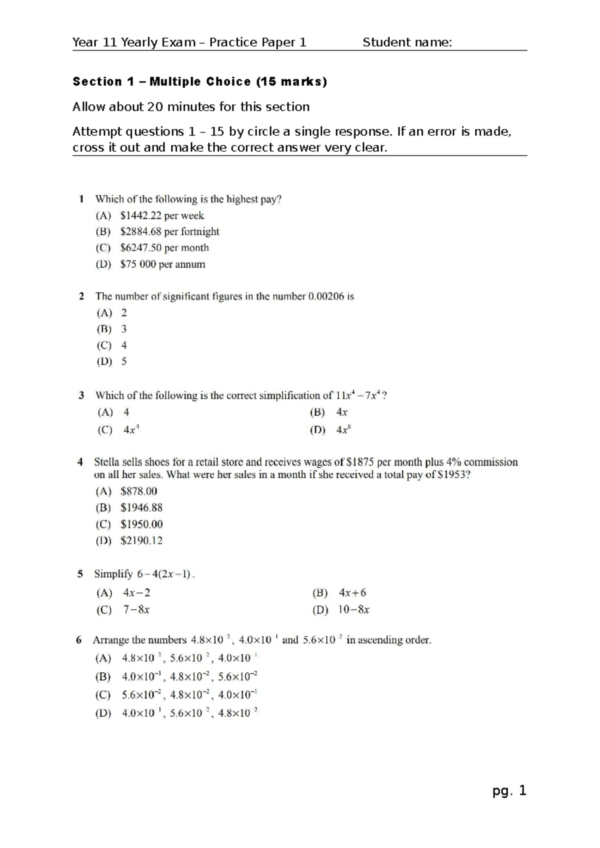 Year 11 Standard - Final Exam Practice Paper 1 - Studocu