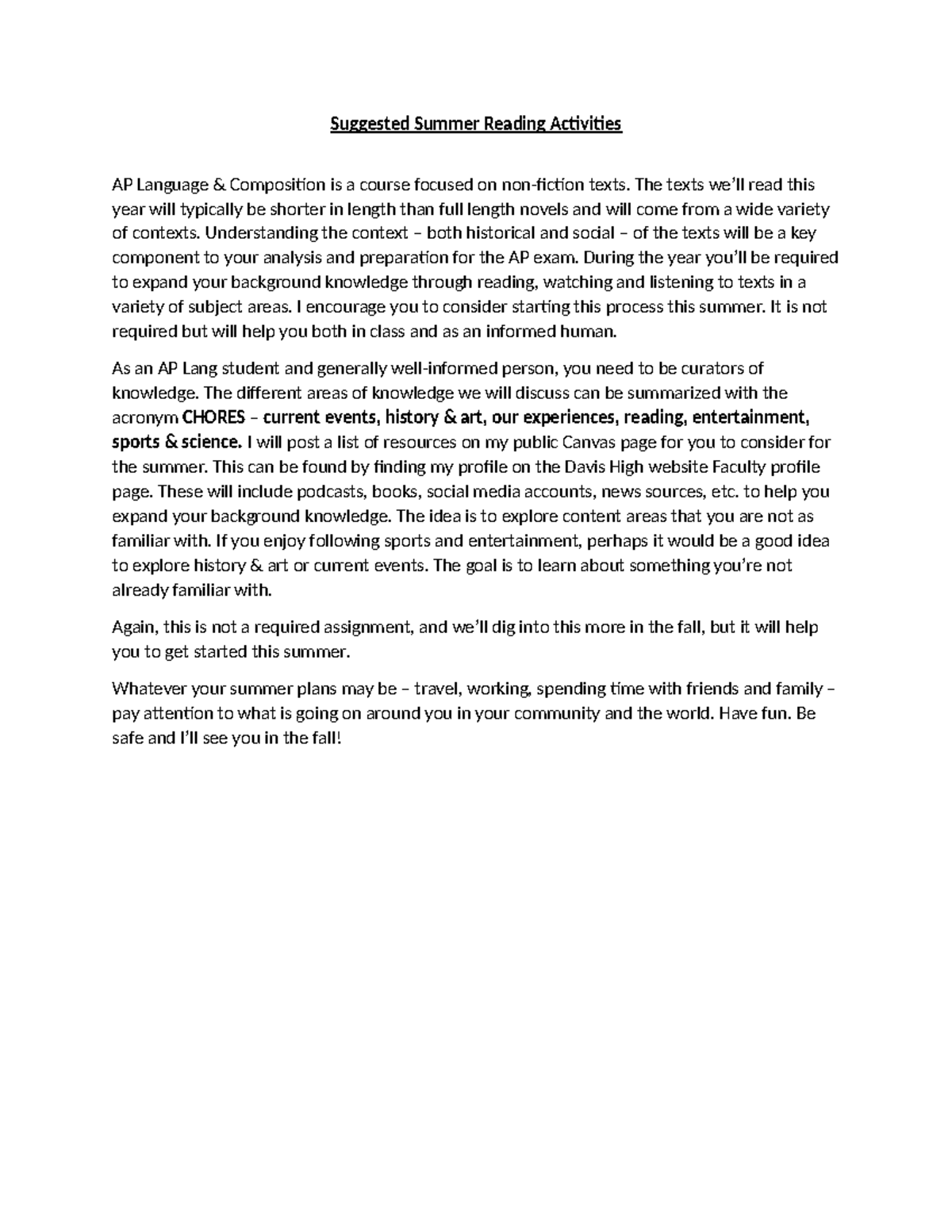 AP Lang - Essential Reading and Media for Summer Preparation - Studocu