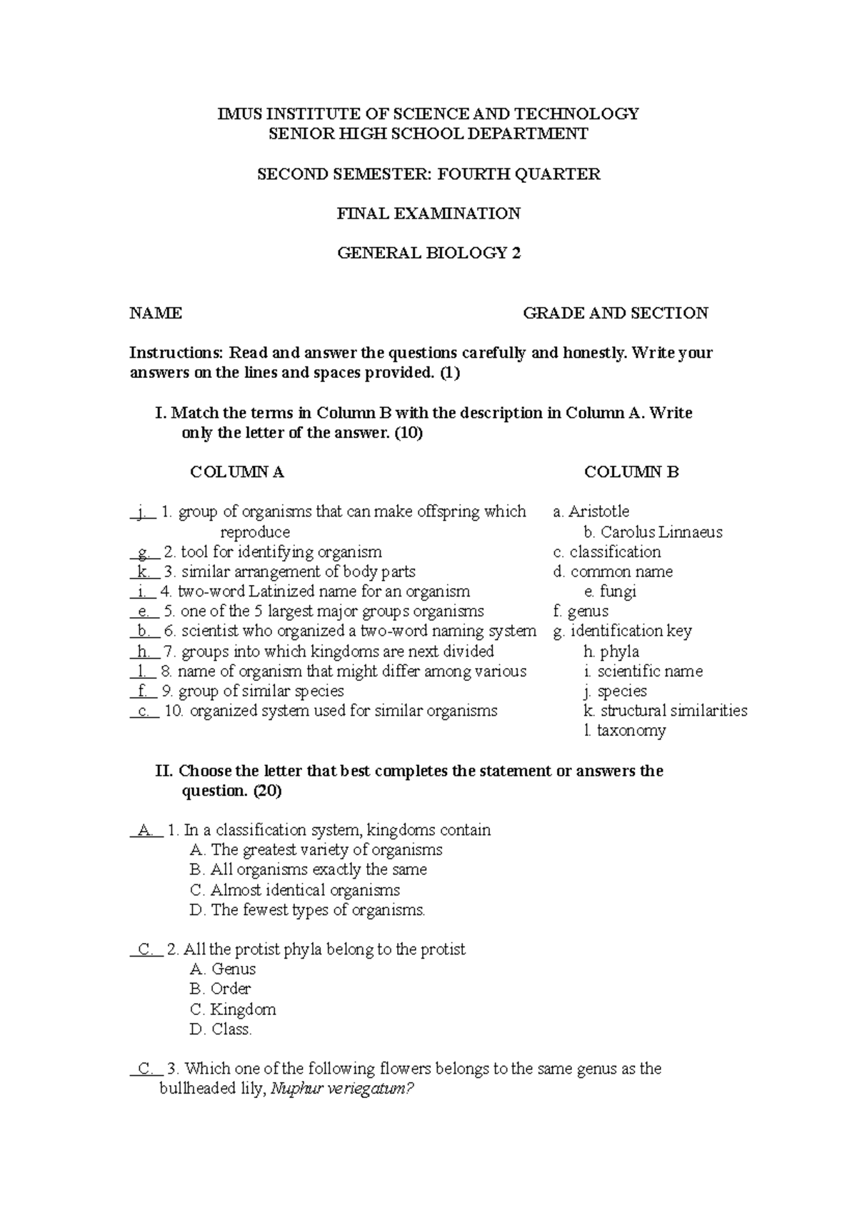Final Exam 2021-2022: General Biology 2 Study Guide - Studocu
