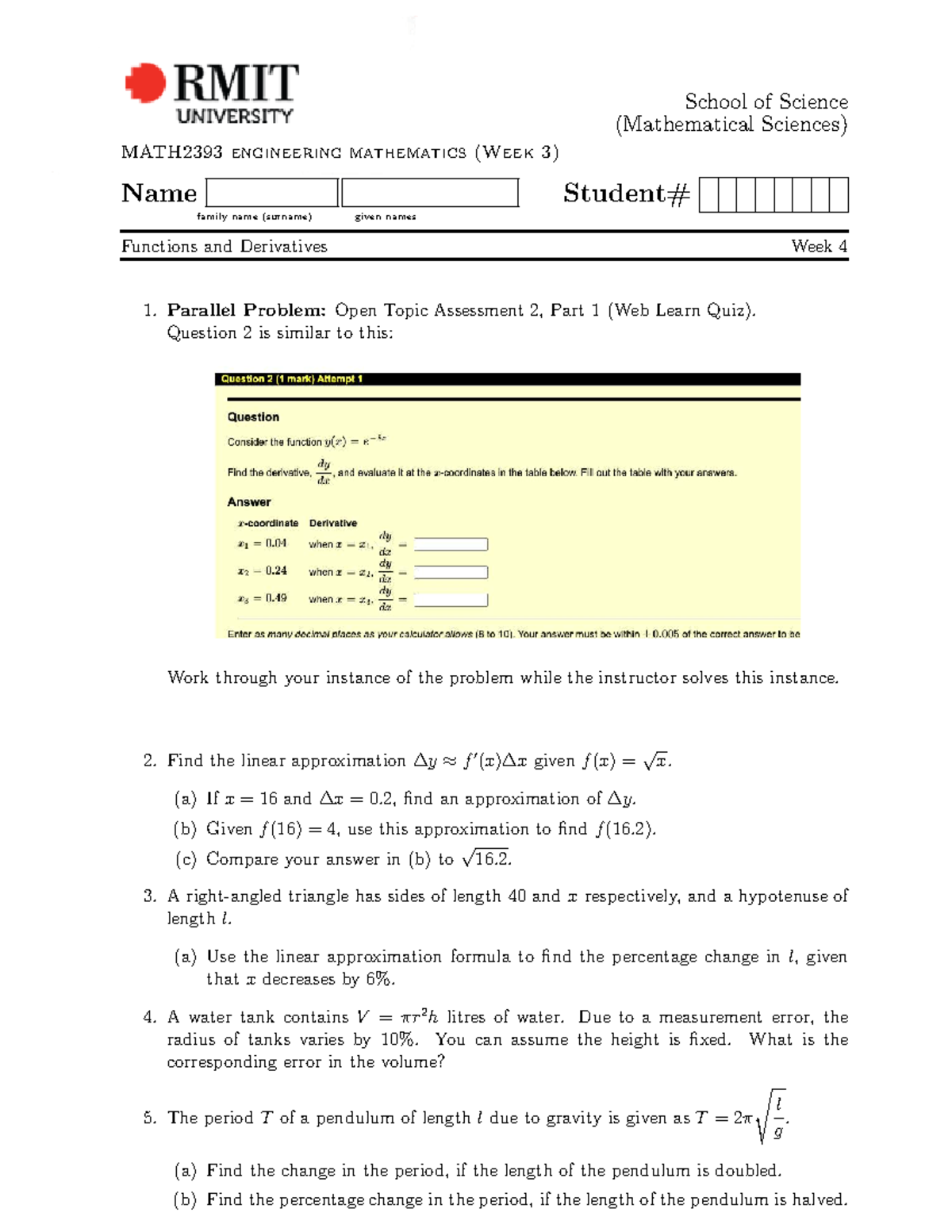 MATH2393 Engineering Mathematics Week 4: Functions & Derivatives ...
