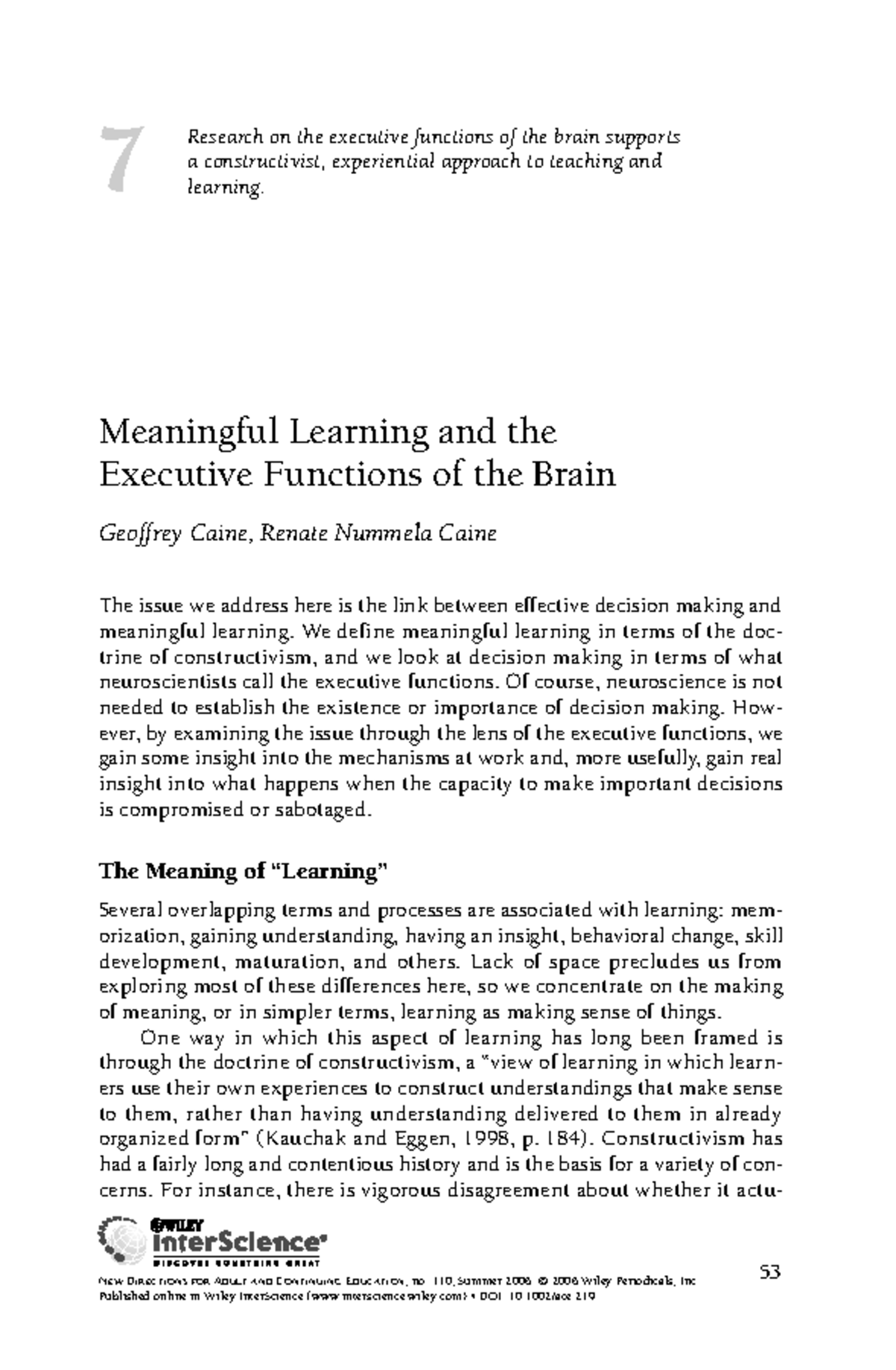 Meaningful Learning and Executive Functions in Adult Education (EDU 110 ...