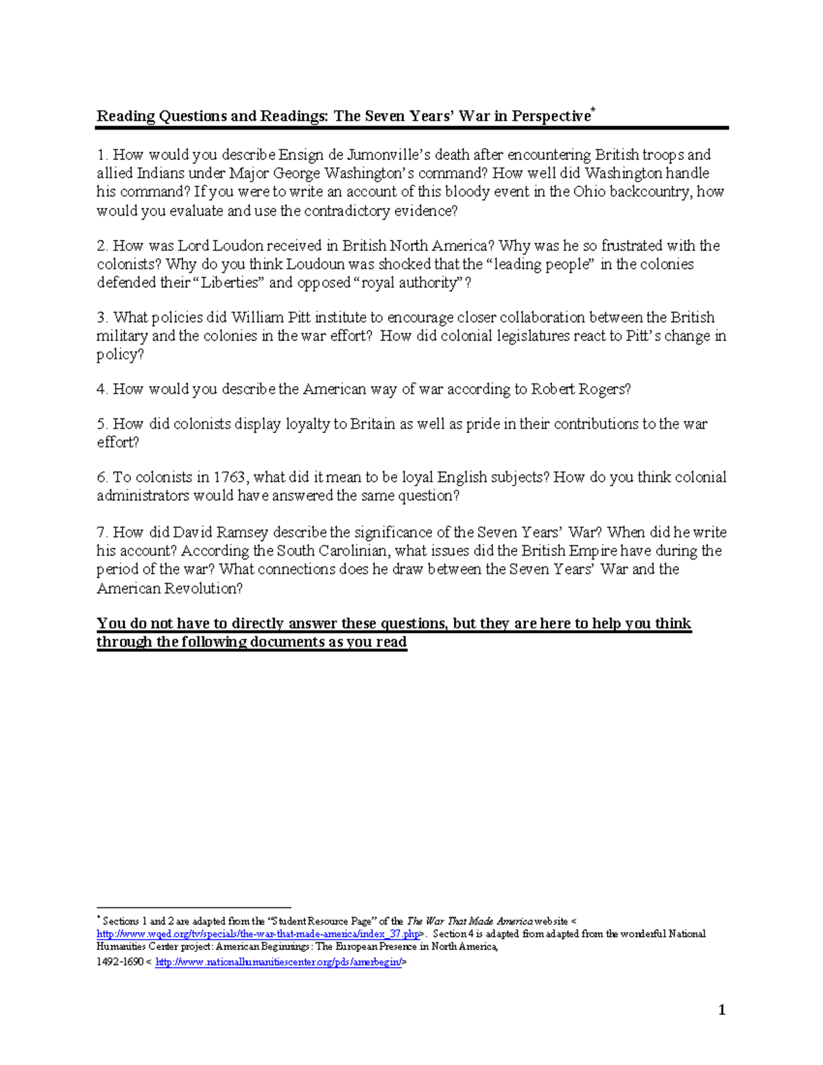 6 - 7yrs War RQ and Readings - Reading Questions and Readings: The ...