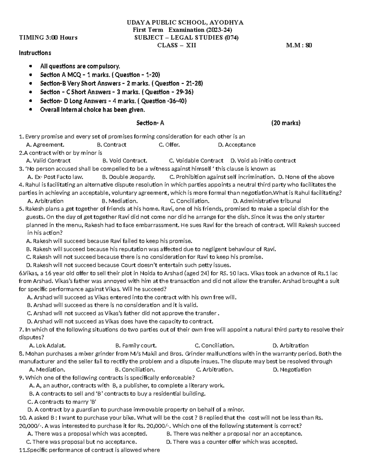 Legal Studies XII: First Term Exam 2023-24 (074) Question Paper - Studocu