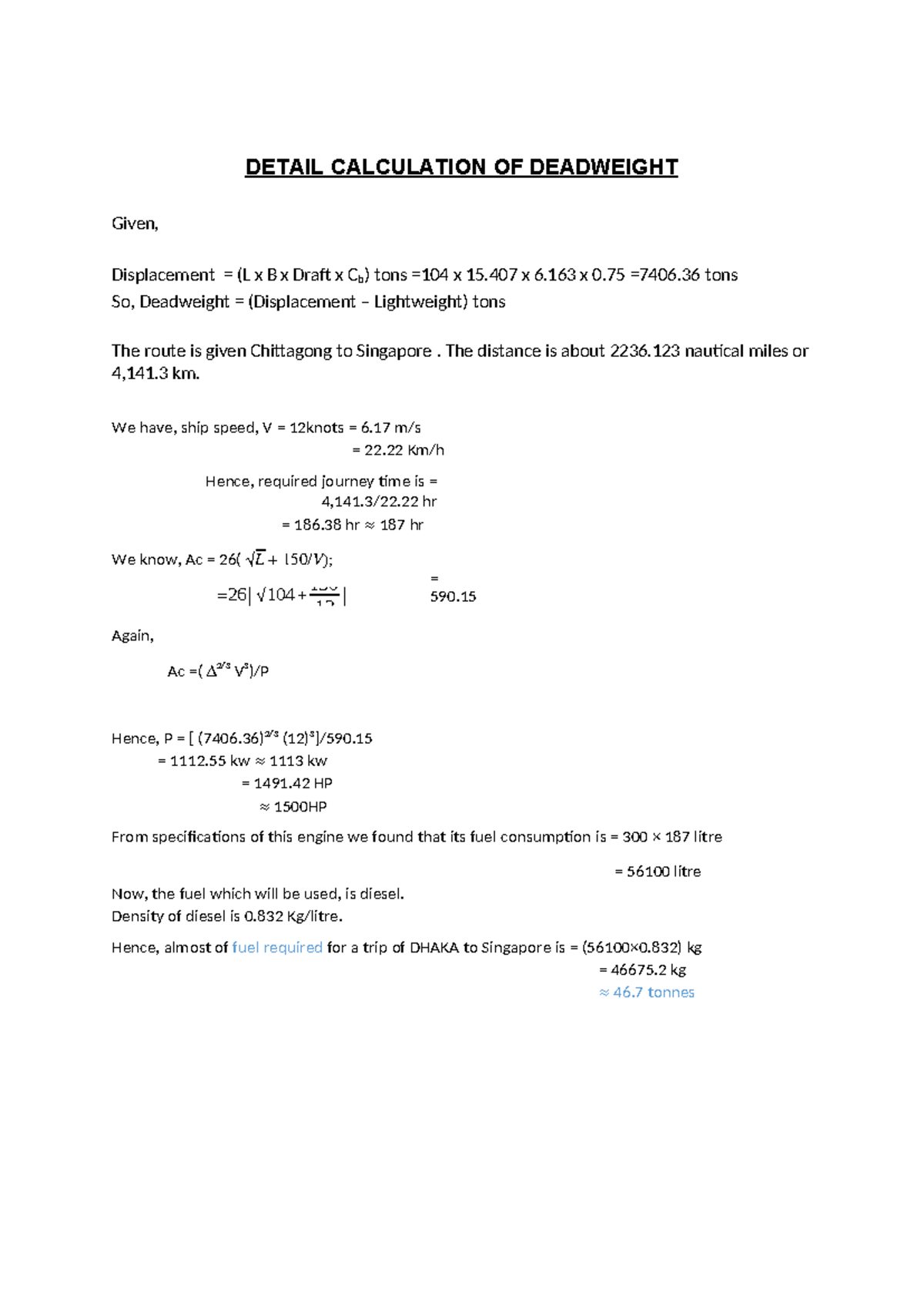 Deadweight Calculation for Ship Design Lab (ENG 301) - Studocu