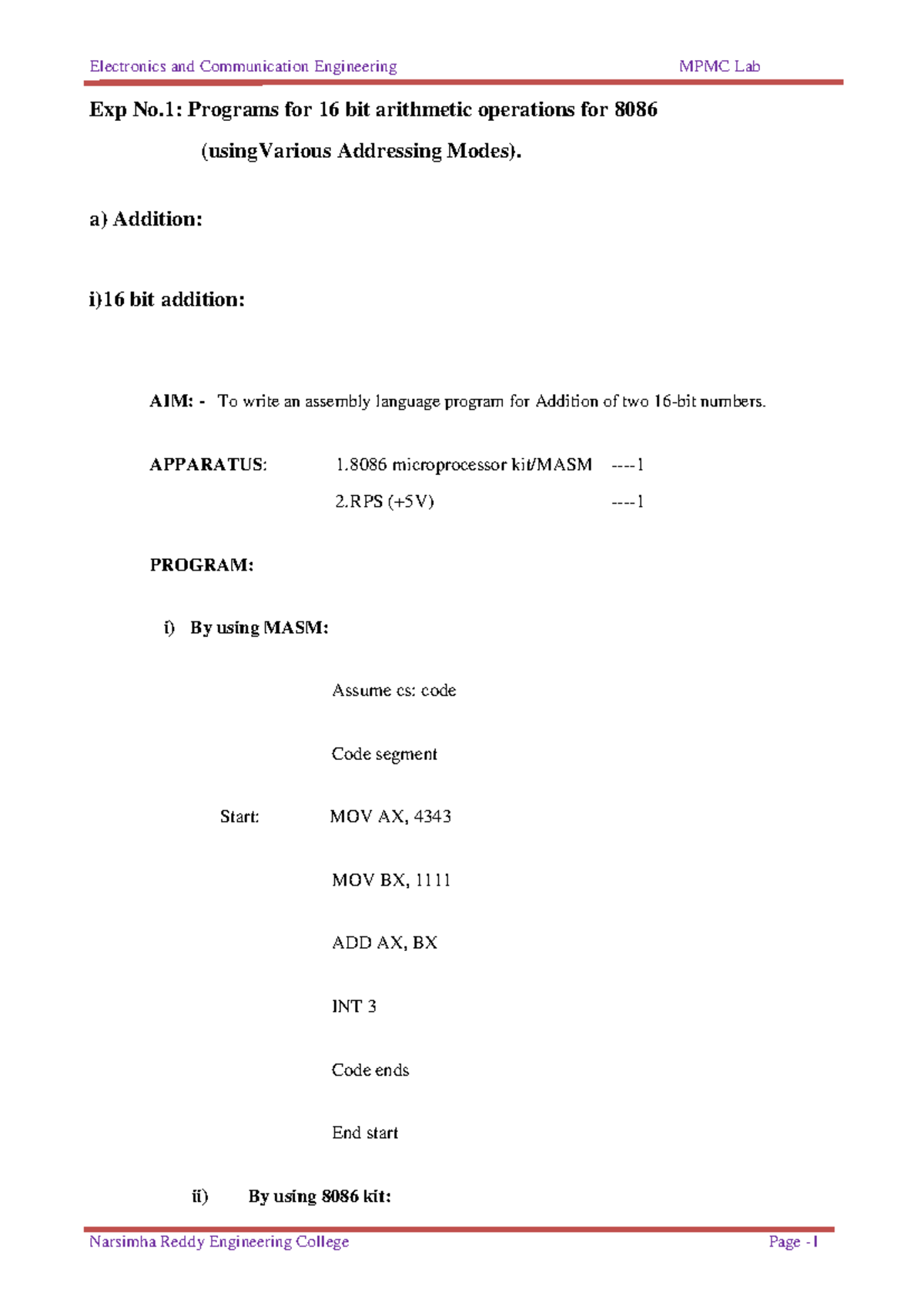 Mpmc ECE manual 16-17 - notes - Exp No: Programs for 16 bit arithmetic ...