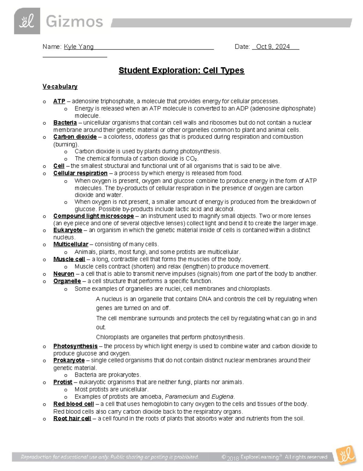 LEapes - Cell Types - Gizmo HW - Name: Kyle Yang Date: Oct 9, 2024 ...