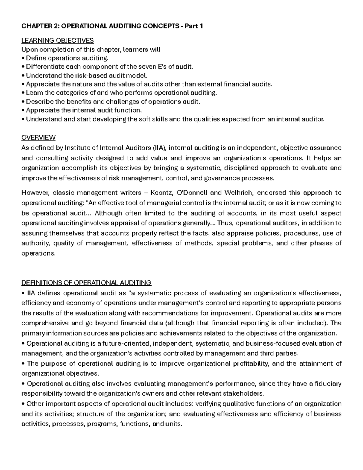 Operational Audit Concepts: Chapter 2 Overview and Learning Objectives ...
