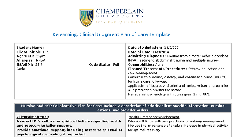 Relearning: Clinical Judgment Plan of Care Template for H.K. (MVA ...