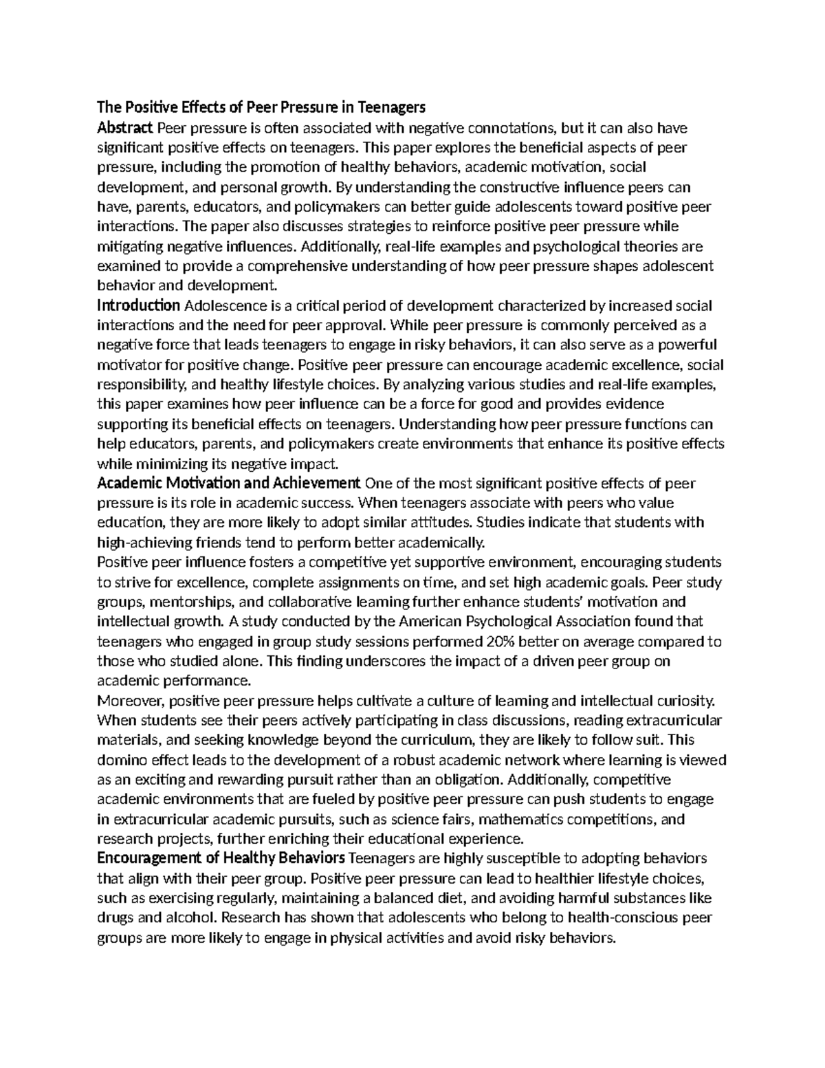 Positive Impacts of Peer Pressure on Teenagers: A Study - Studocu