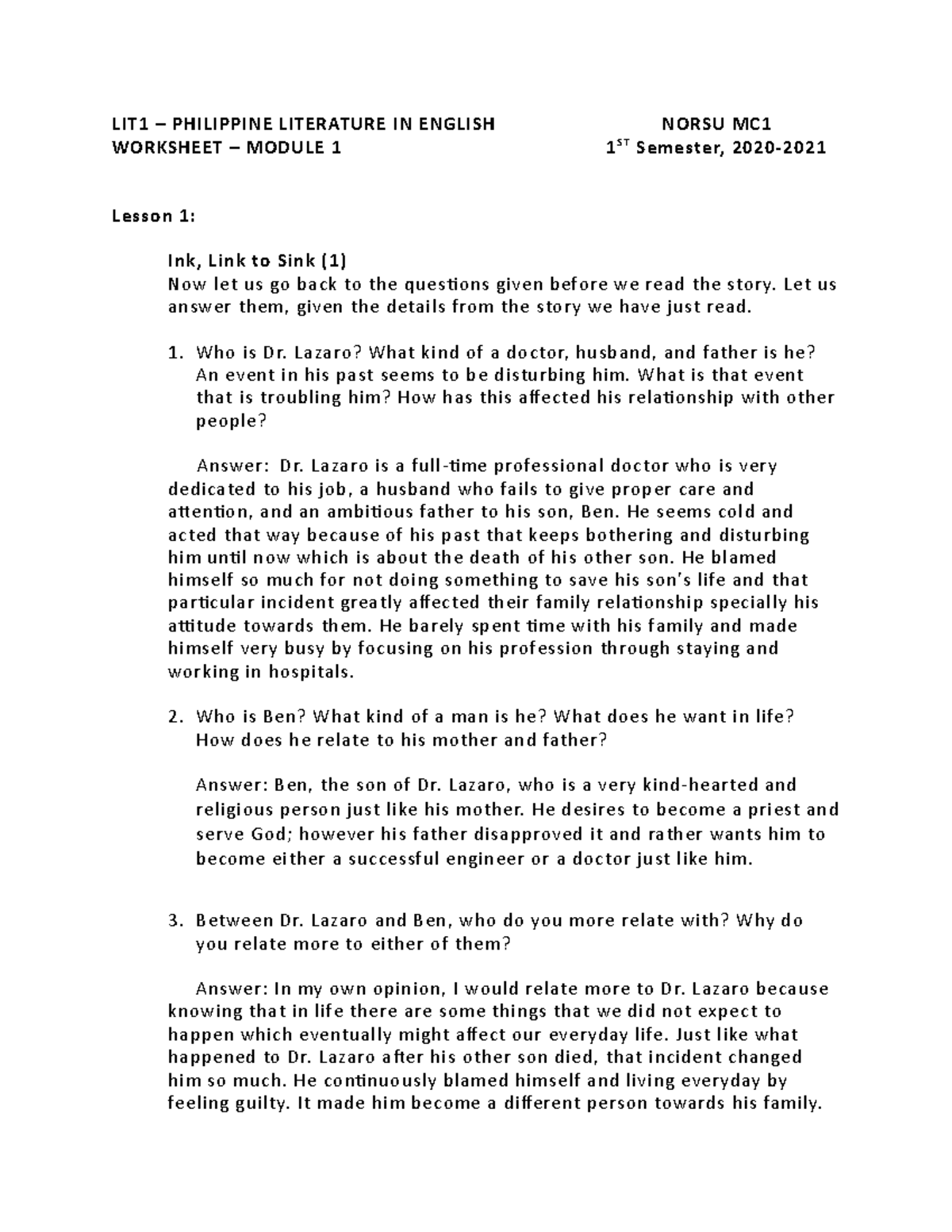 LIT1 - Worksheet – Module 1 - LIT1 – PHILIPPINE LITERATURE IN ENGLISH ...