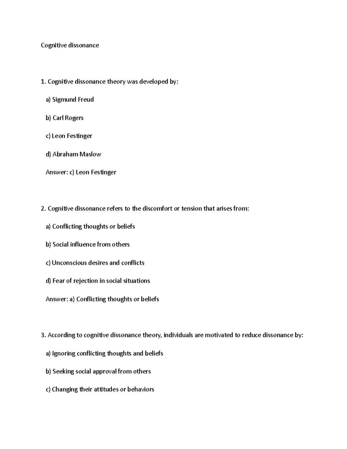 Cognitive Dissonance MCQs and Answers: Key Concepts and Theories - Studocu