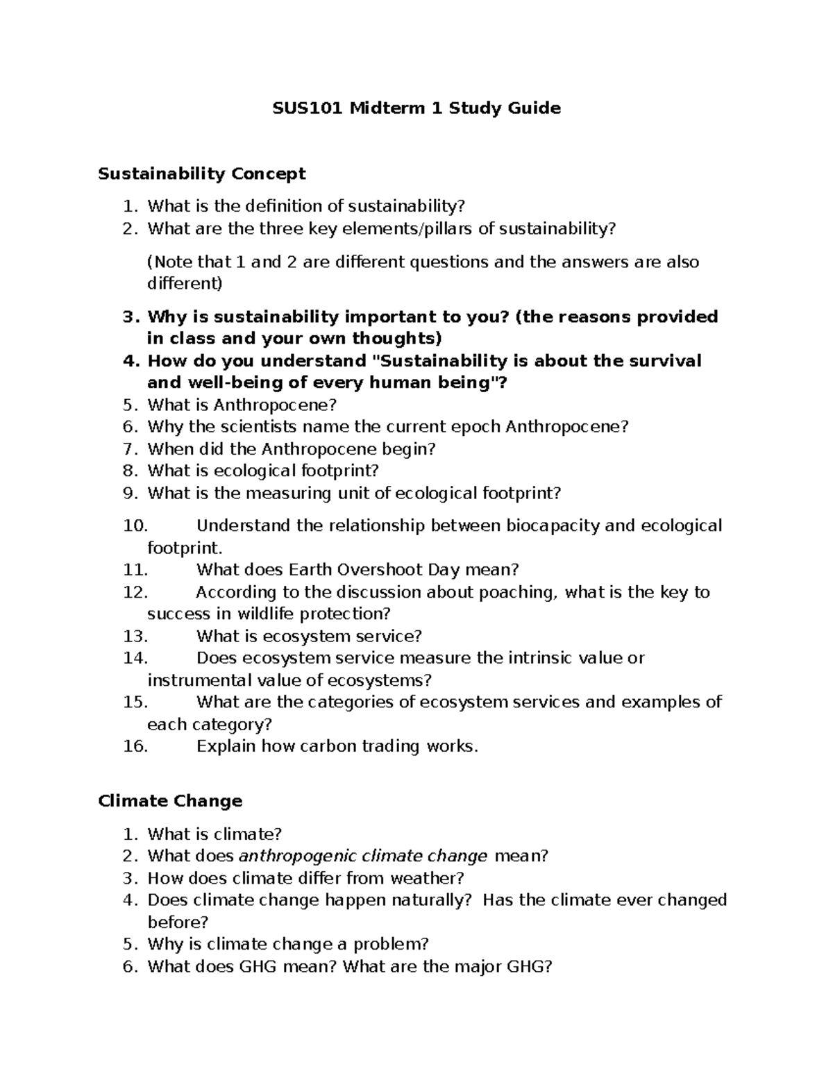 SUS101 Midterm 1 Study Guide: Key Concepts in Sustainability & Climate - Studocu