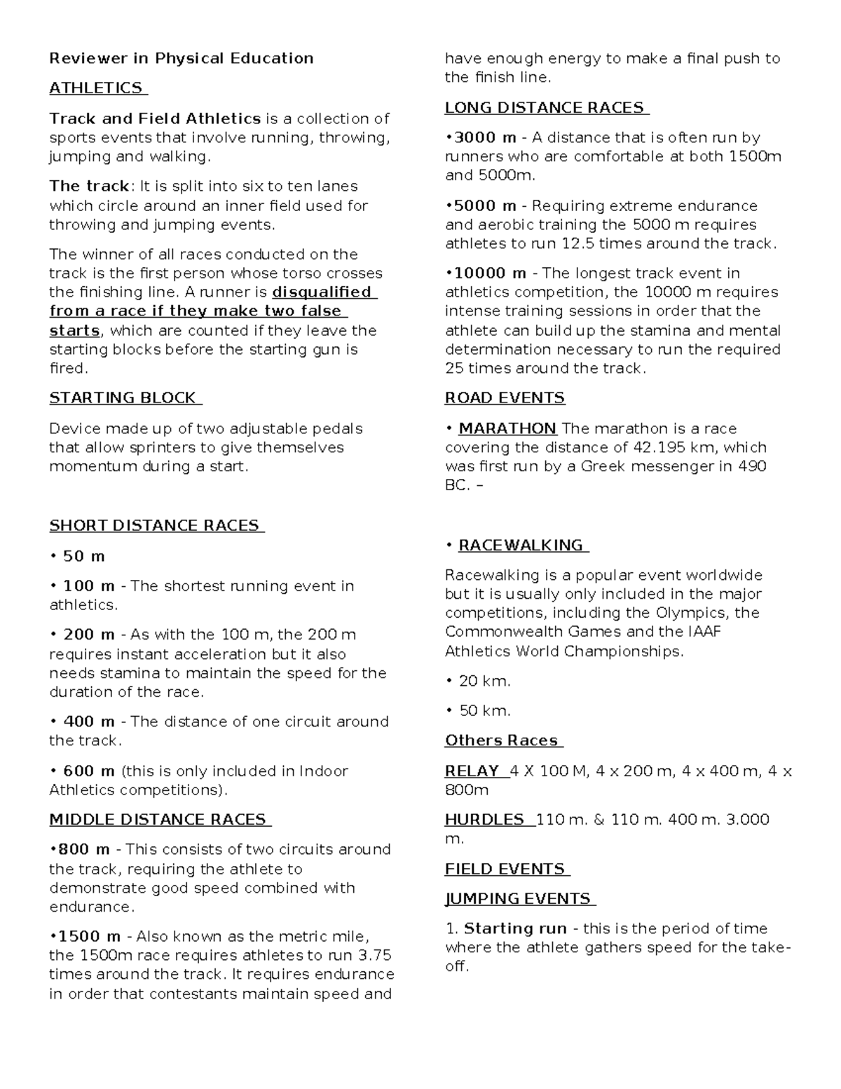 Reviewer in Physical Education: Track and Field Overview (ATHLETICS 11 ...