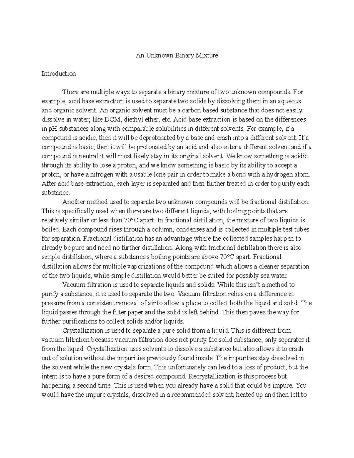 Organic Chemistry 2: Lab 6 - Separating an Unknown Binary Mixture - Studocu