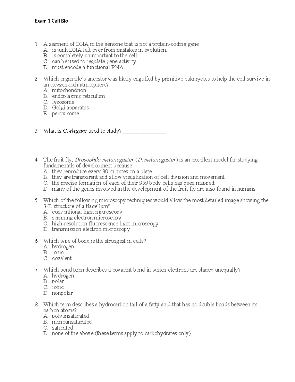 Cell Bio 1 Exam 1 Study Guide (Sample 2020) - Studocu