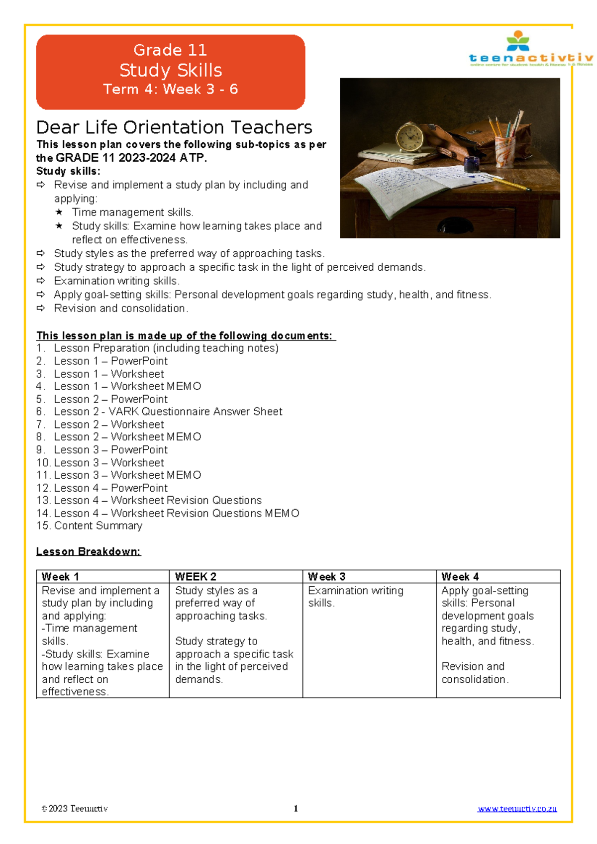 Grade 11 LO T4 Study Skills Lesson Plan (Weeks 3-6) - Studocu