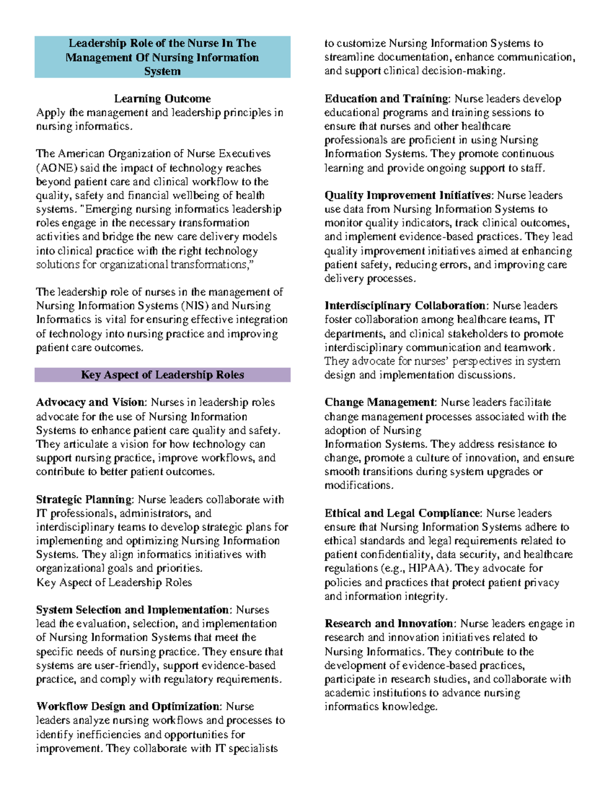 NIS- Leadership Roles of Nurses in Nursing Information Systems - Studocu
