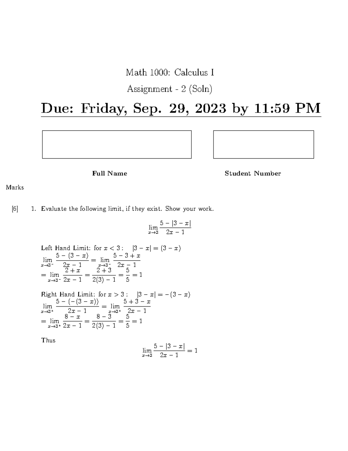 MATH 1000 - Calculus I Assignment 2 Solution Detailed Steps - Studocu