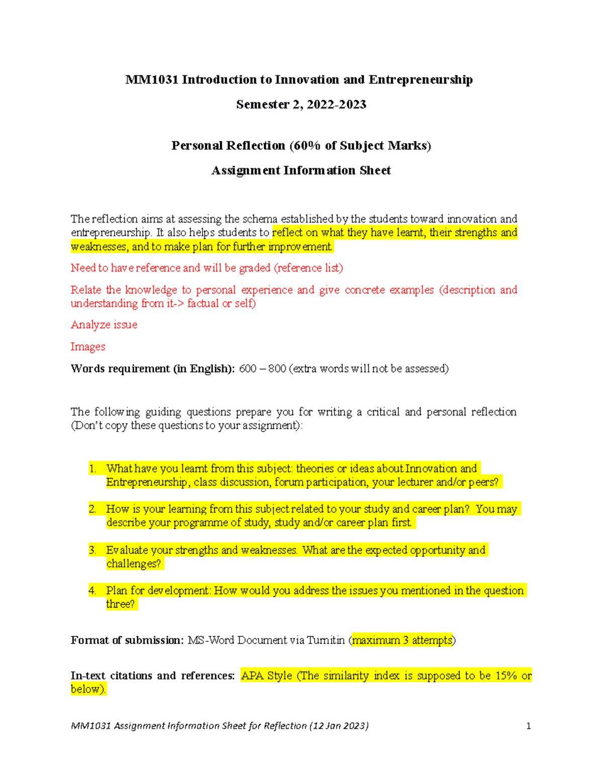 MM1031 Personal Reflection Assignment Info Sheet for Semester 2 - Studocu