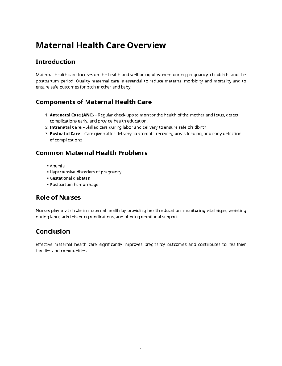 Maternal Health Care Overview: Key Components and Nursing Roles - Studocu