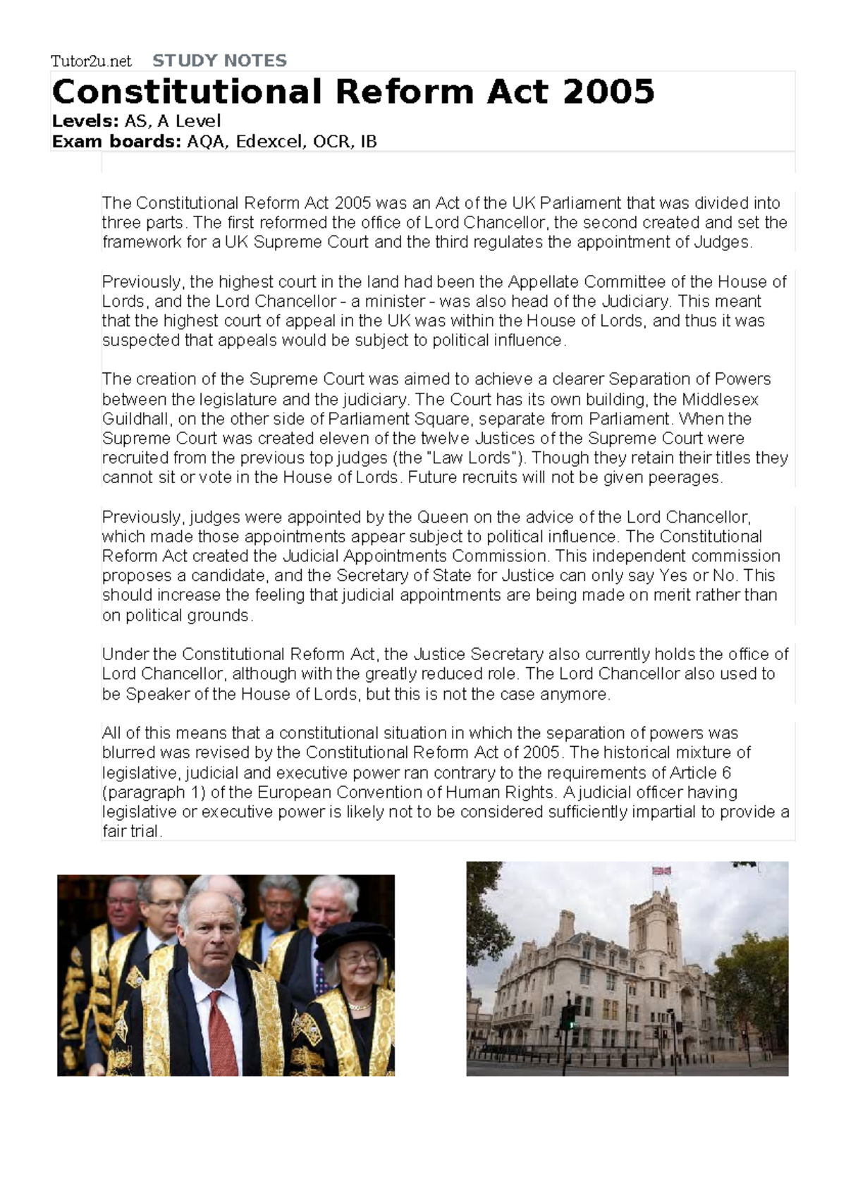 Constitutional Reform Act 2005 Study Notes for AS/A Level - Studocu