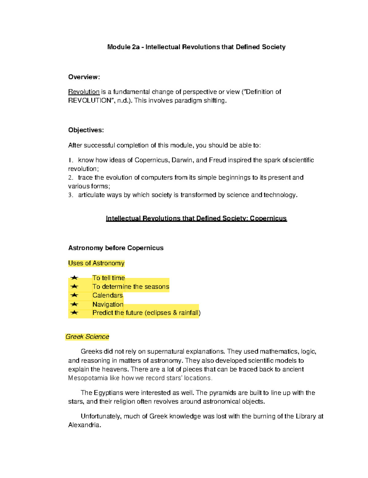 Module 2a: Key Intellectual Revolutions Impacting Society - Studocu