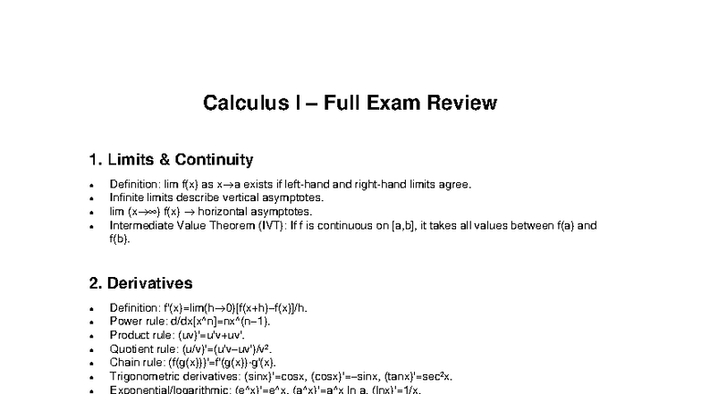 Calculus I Final Exam Review: Limits, Derivatives, and More - Studocu