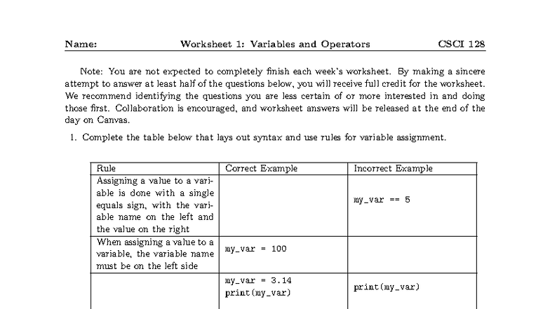 Worksheet 1: Variables and Operators Overview CSCI 128 - Studocu