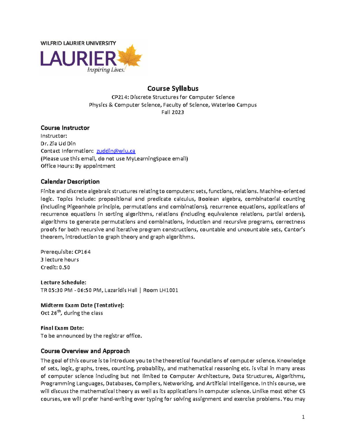 CP214 Discrete Structures Syllabus - Fall 2023 - Studocu