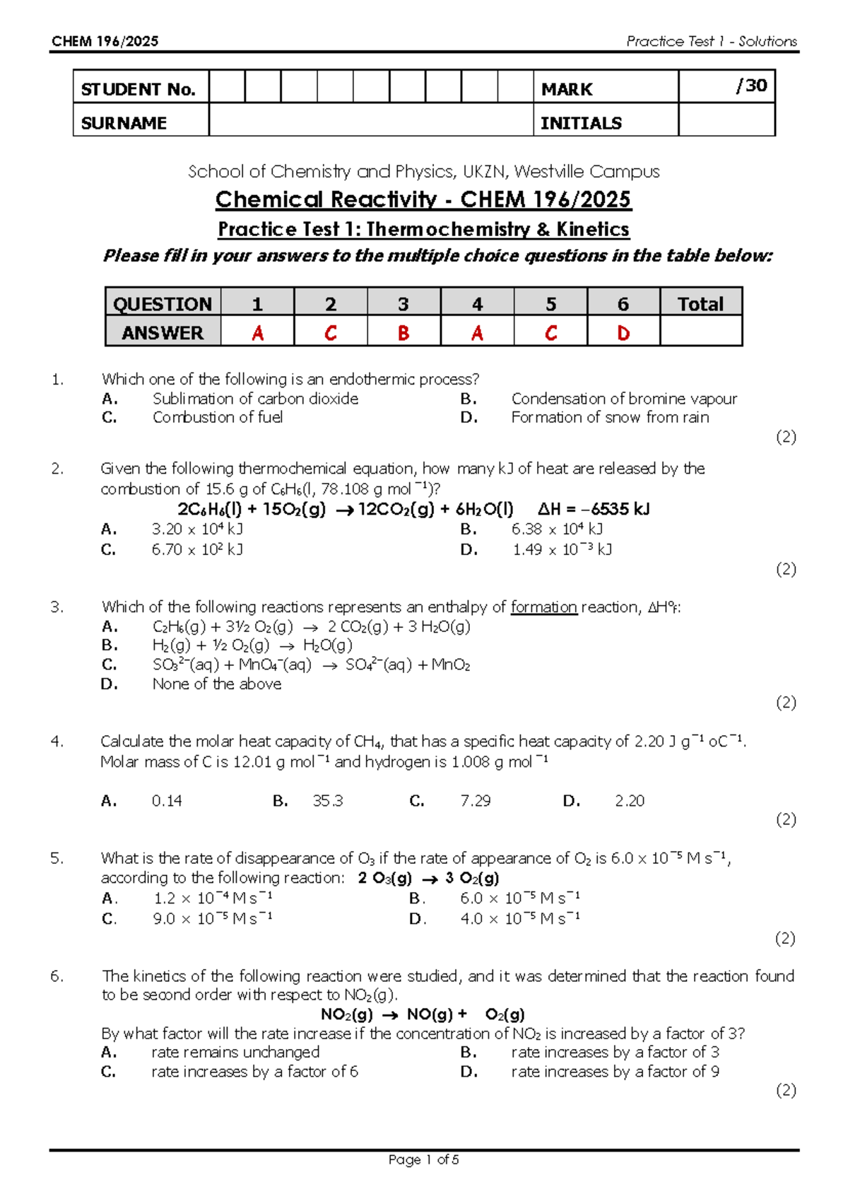 CHEM 1 Practice Test 1 Solutions: Thermochemistry & Kinetics - Studocu