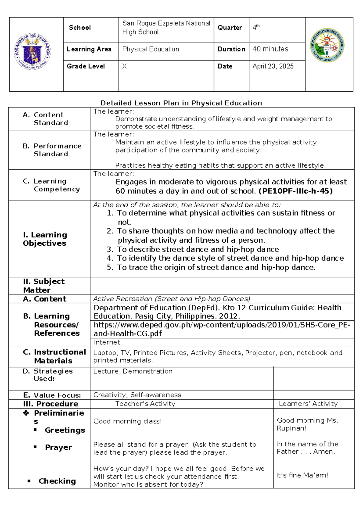 DLP-Grade 10 PE: Active Recreation & Street Dance Lesson Plan - Studocu