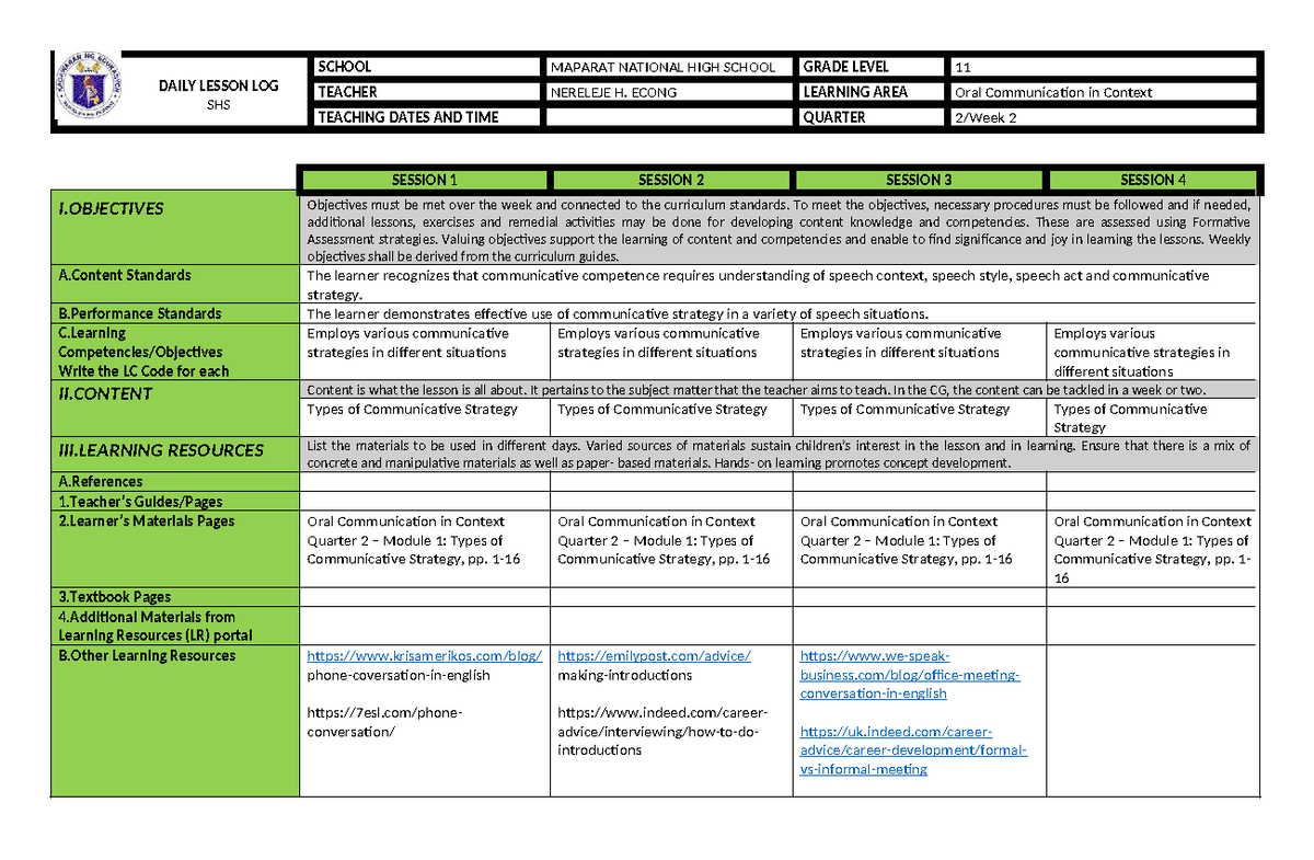 DAILY LESSON LOG: Oral Communication in Context - Grade 11 (Q2) - Studocu