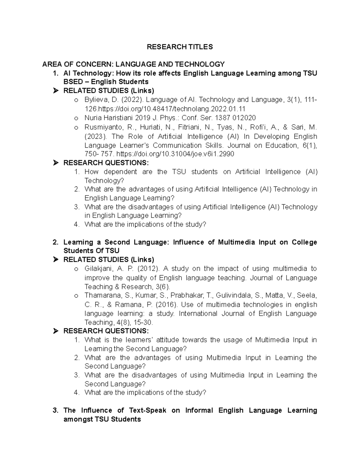 Research Titles on Language & Technology for TSU BSED English Students ...