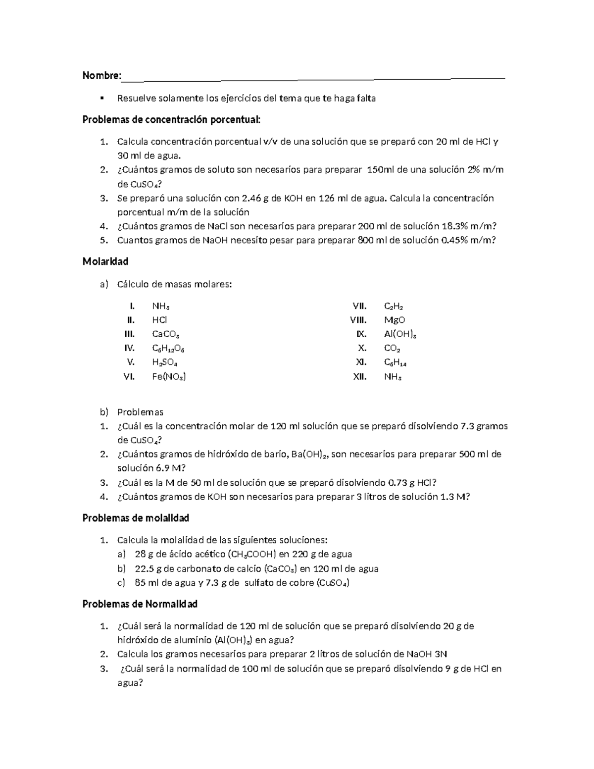 Ejercicios de Concentración de Soluciones - Química 101 - Studocu