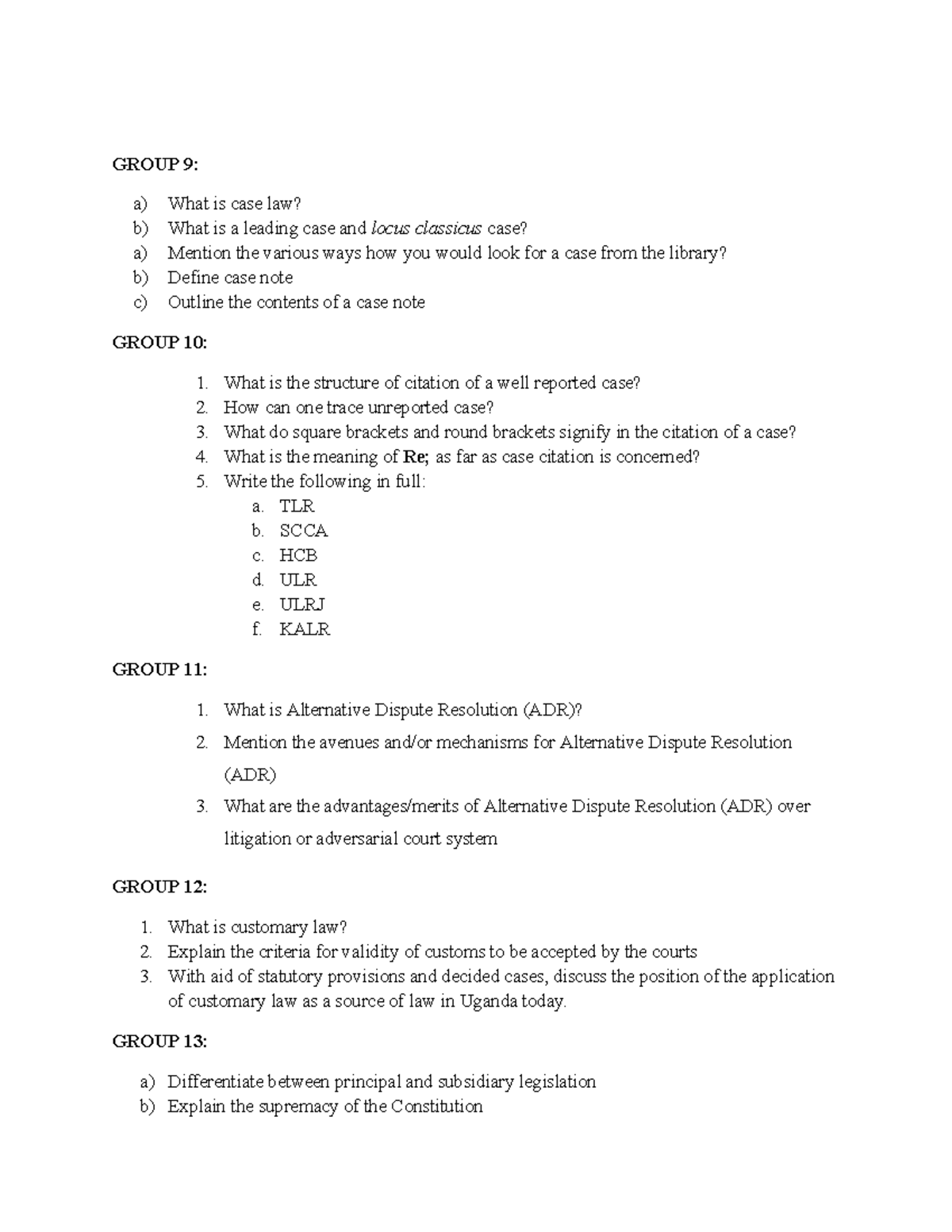LAW 101: Questions for Presentations on Case Law and ADR - Studocu