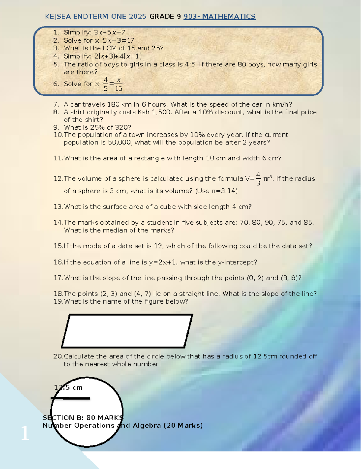 Grade 9 Mathematics End of Term 1 Exam 2025 (903) Q-Word Review - Studocu