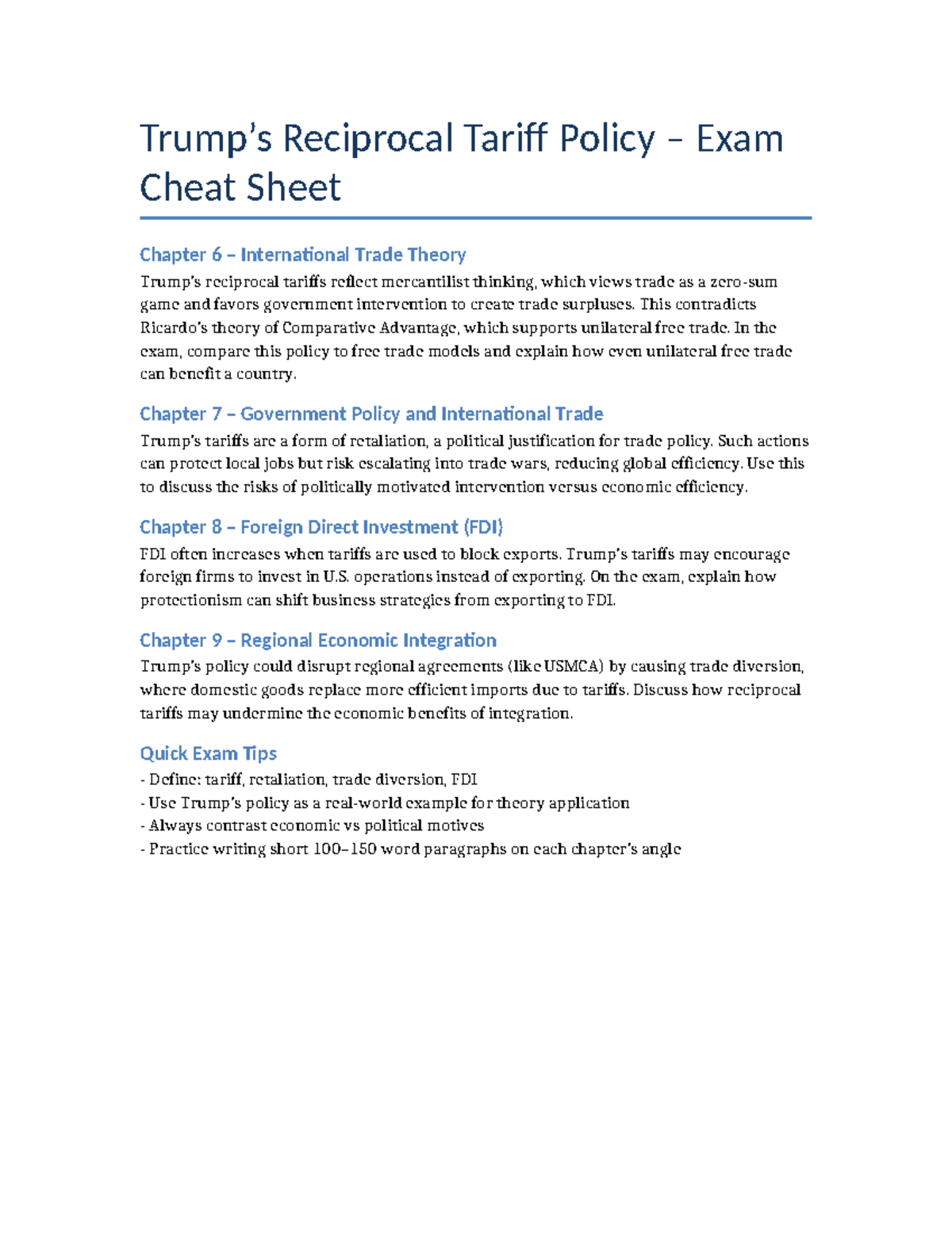 Trump Tariff Policy Exam Cheat Sheet: Intl Trade Theory & FDI - Studocu