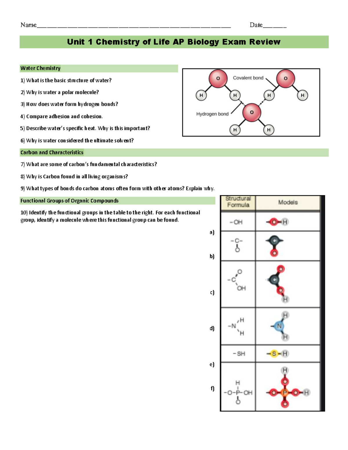 Unit 1 Chemistry of Life AP Bio Final Exam Review Notes - Studocu