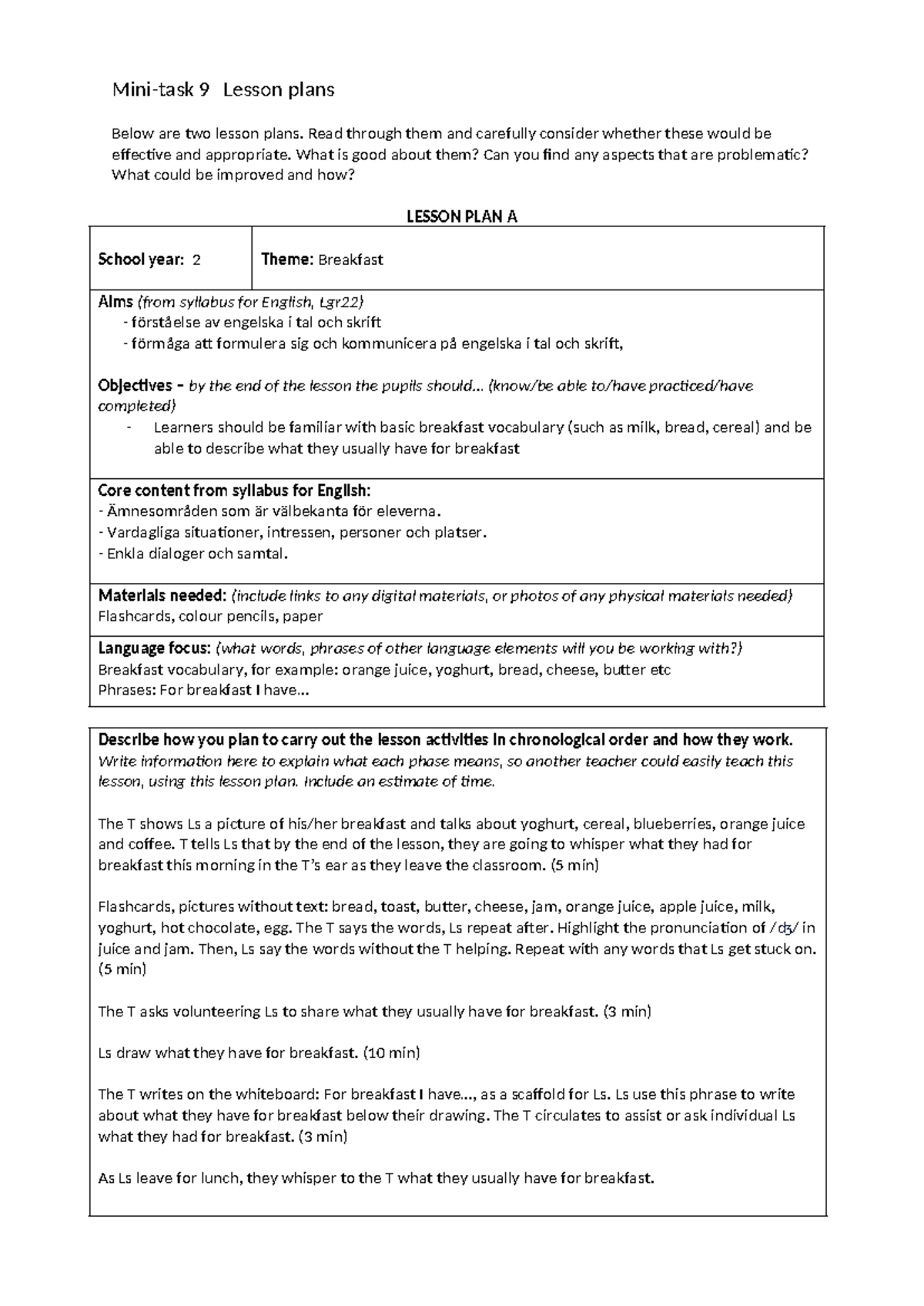 9 Lesson Plans for English Class: Breakfast Theme (Mini-task 9) - Studocu