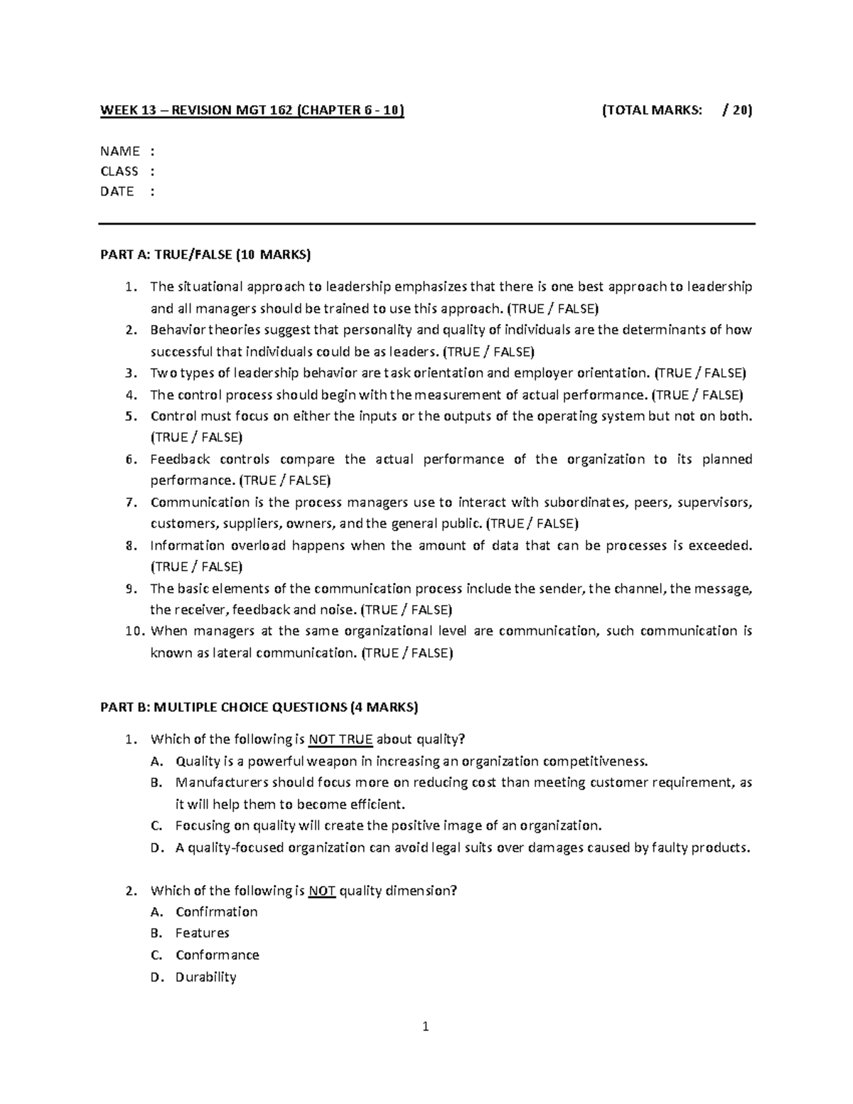 WEEK 13 REVISION MGT 162 (CHAPTERS 6-10) - TRUE/FALSE & MCQ - Studocu