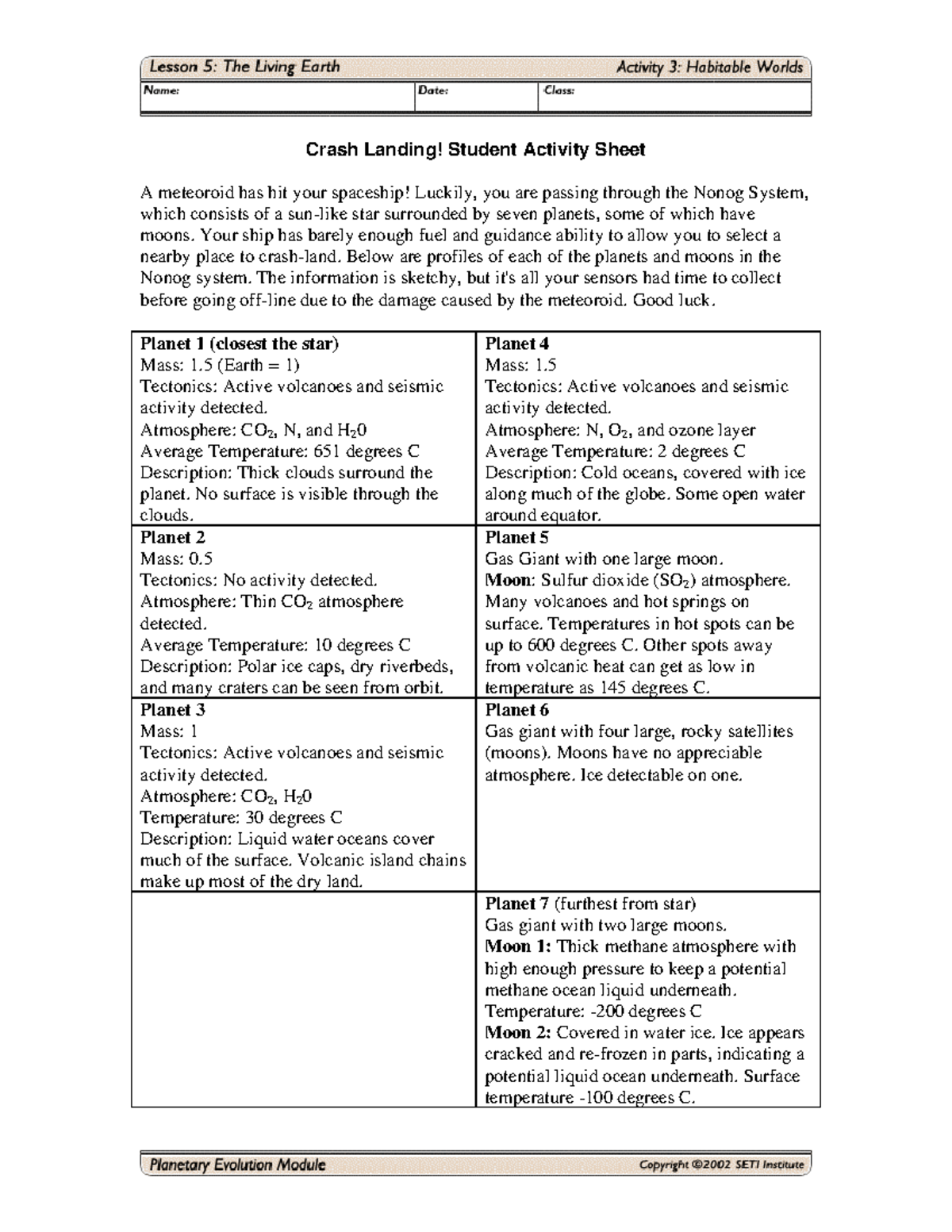 Crash Landing! Activity Sheet for Class Exploration (5 3 1sas) - Studocu