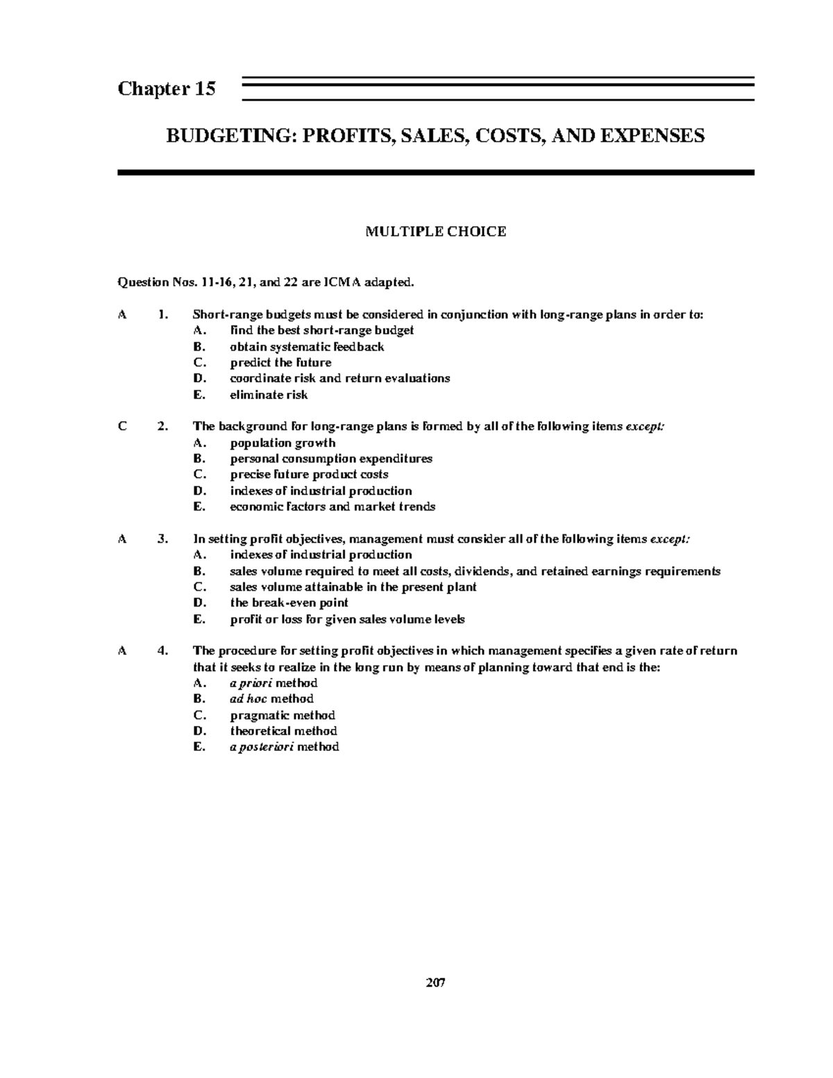 Chapter 15: Budgeting - Profits, Sales, Costs, and Expenses MCQs - Studocu