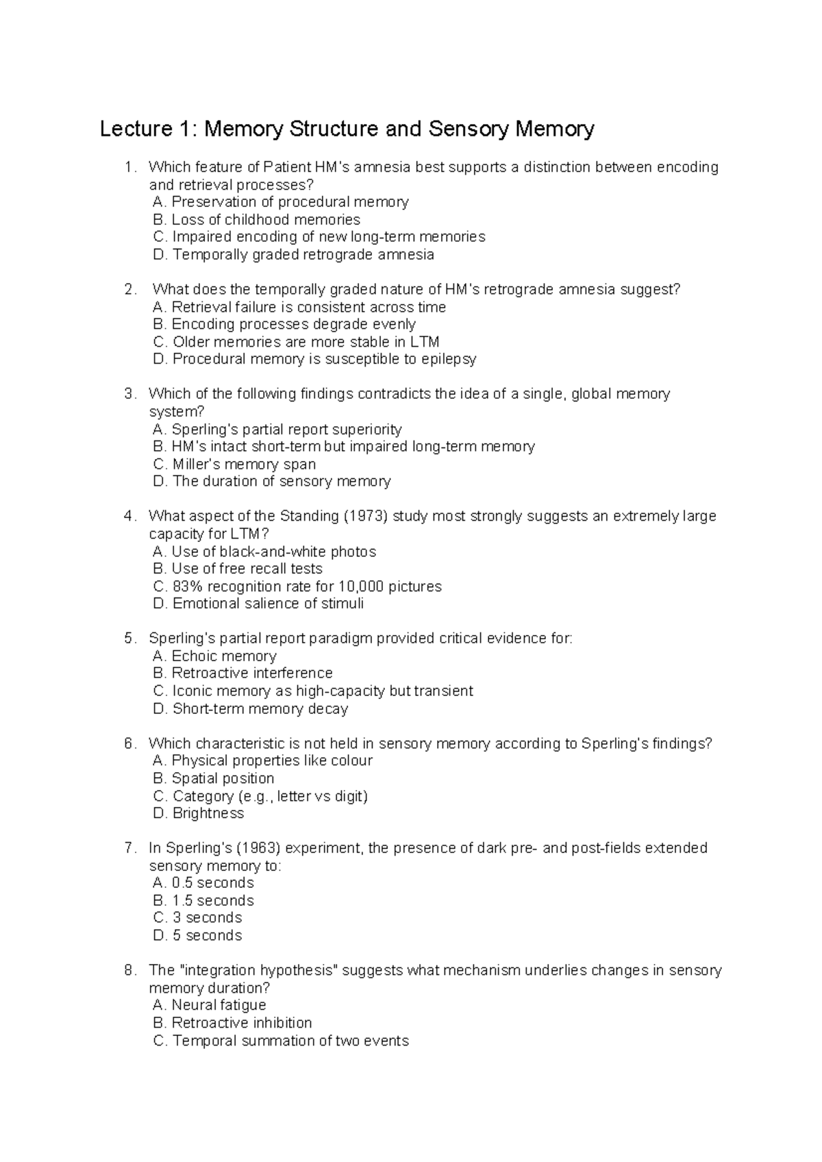 Lecture 1: Memory Structure & Sensory Memory - P&C Practice Questions ...