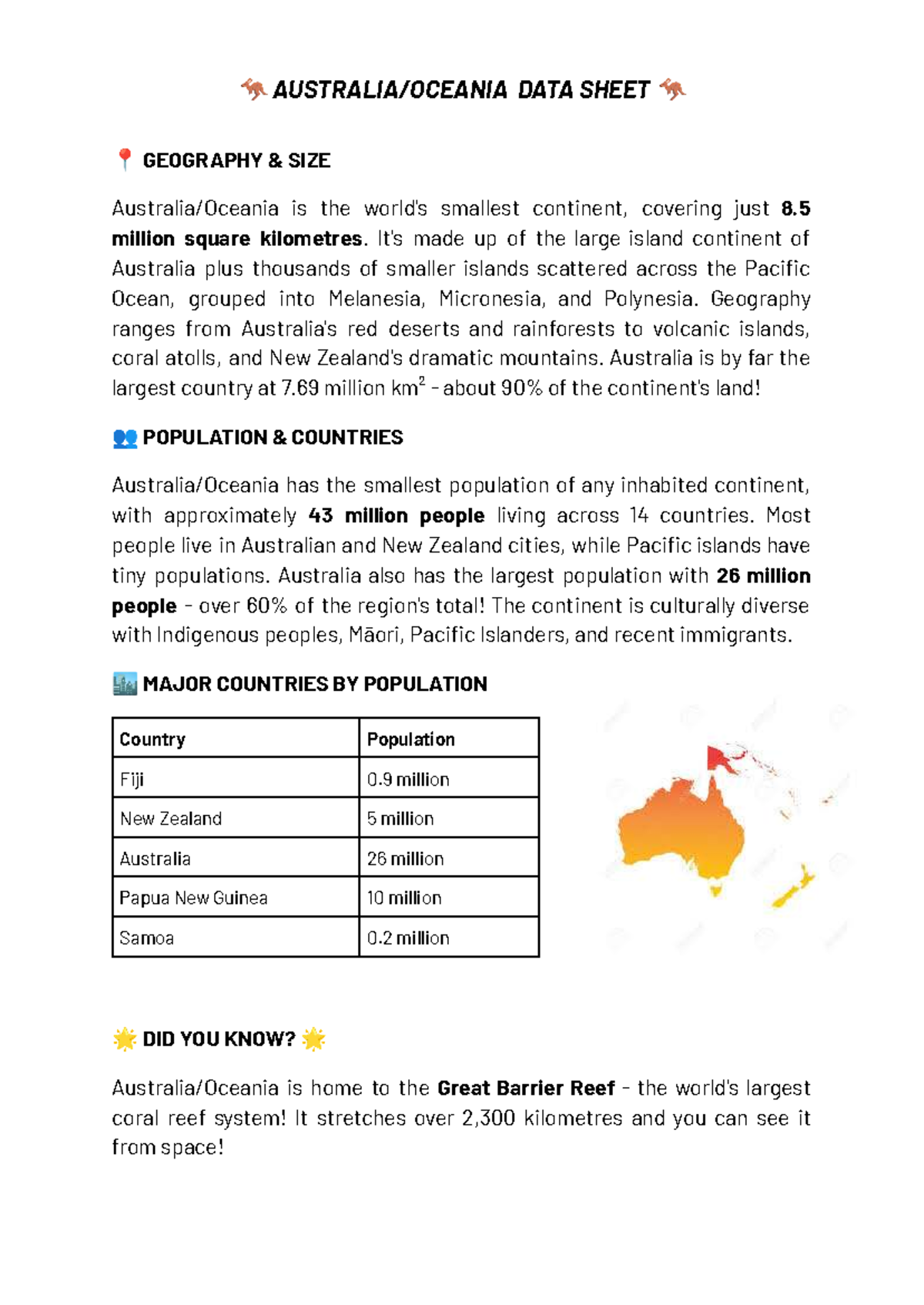 Australia and Oceania - Geography and Population Notes - Studocu