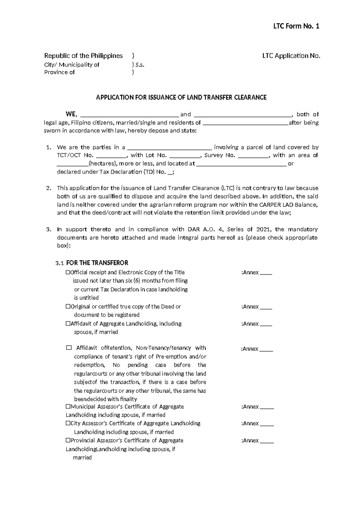 LTC Form No. 1 - Application for Issuance of Land Transfer Clearance ...