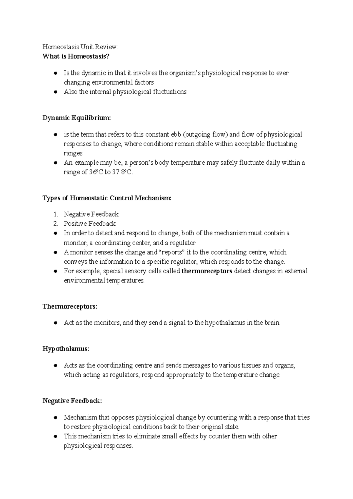 Homeostasis Unit Review: Mechanisms and Functions Explained - Studocu